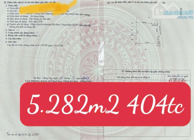 Bán đất Tóc Tiên Phú Mỹ Vũng Tàu, 5285M2, 404M Thổ cư, mặt tiền siêu ...