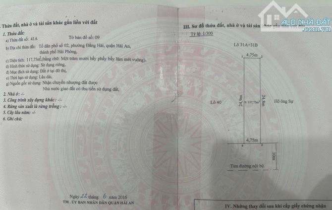 Bán lô đất TĐC Đồng Dứa , Đằng Hải . DT 117m , ngang 4,75m hướng Nam ...
